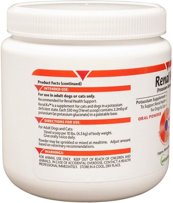 VETOQUINOL Renal K+ Powder Kidney Supplement for Cats & Dogs, 100g ...