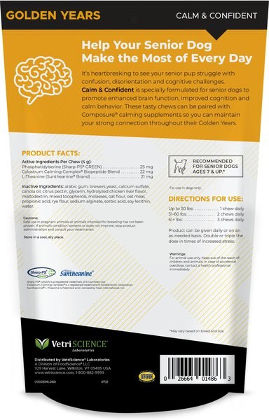 VETRISCIENCE Golden Years Chicken Flavor Calm & Confident Behavior Support Chew Supplement for ...