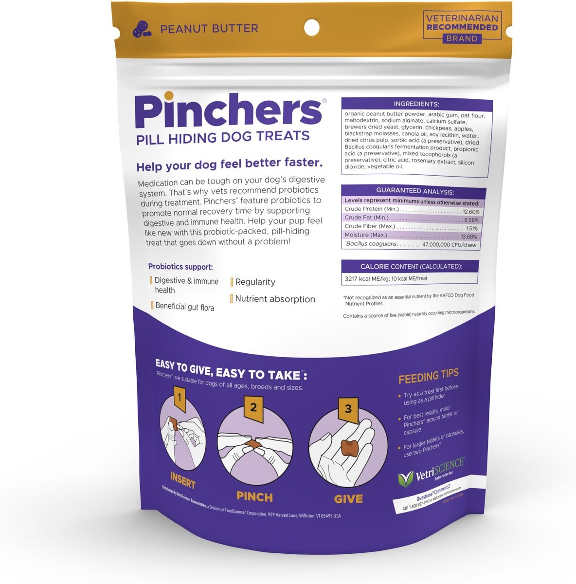 VETRISCIENCE Pinchers Pill Hiding Peanut Butter Grain-Free Dog Treats ...
