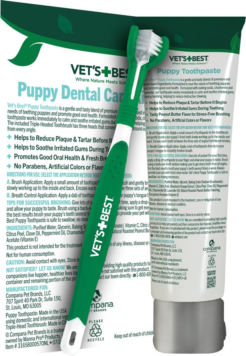 VET'S BEST Toothbrush & Toothpaste Dental Kit, 3.5-oz tube, Puppy ...