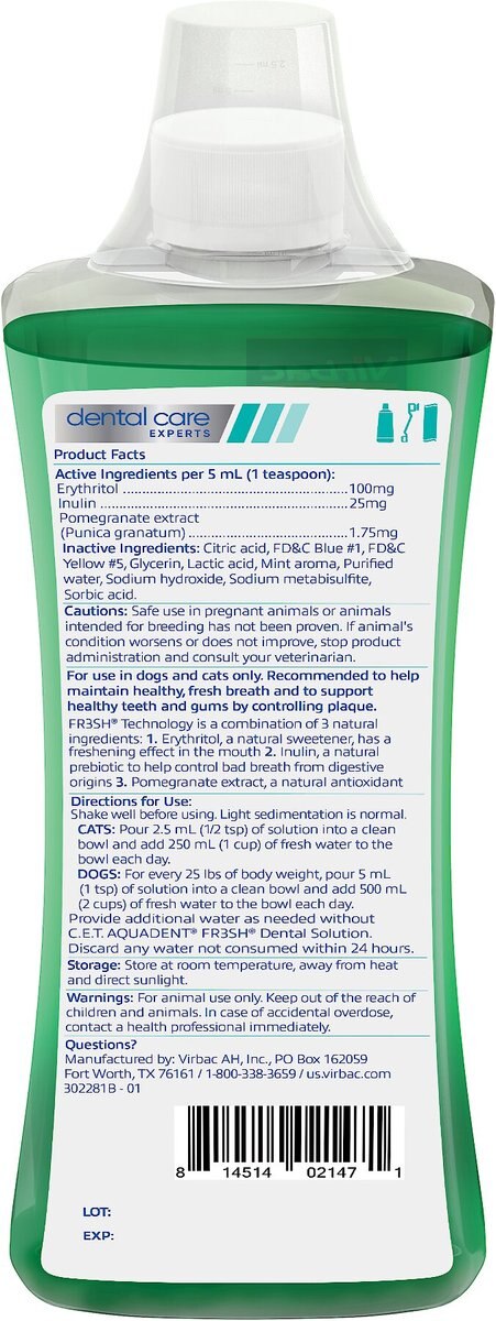 VIRBAC C.E.T. Aquadent Fr3sh Dog & Cat Dental Solution, 16.9-fl oz ...