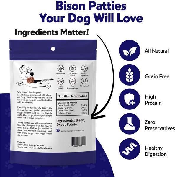 VITAFUR Barkin' Burger Grilled Bison Dehydrated Dog Treats, 5-oz bag ...