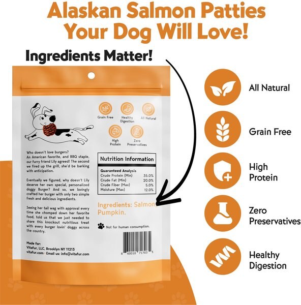 VITAFUR Barkin Burger Salmon & Pumpkin Dog Treat, 4-oz bag - Chewy.com