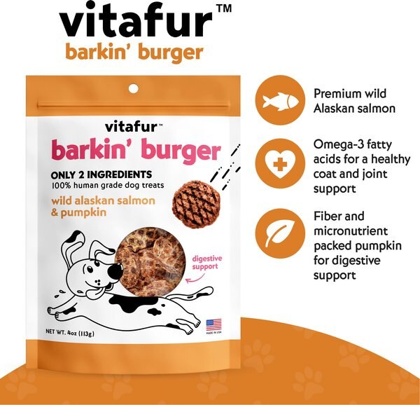 VITAFUR Barkin Burger Salmon & Pumpkin Dog Treat, 4-oz bag - Chewy.com