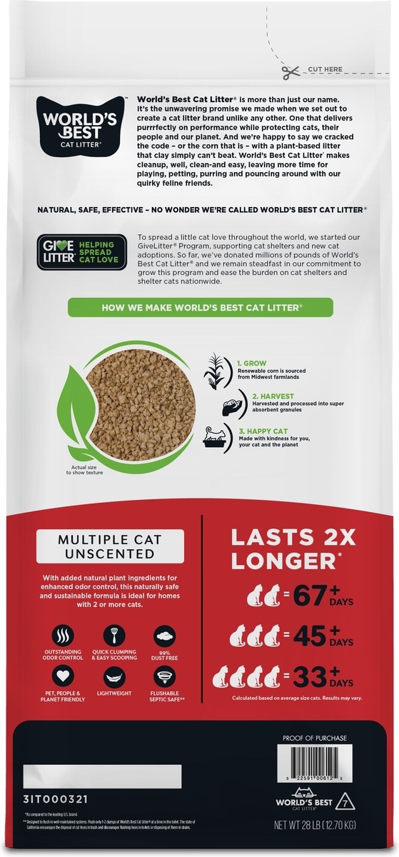 WORLD'S BEST Multi-Cat Unscented Clumping Corn Cat Litter, 56-lb bundle ...