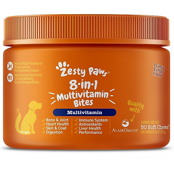 ZESTY PAWS 8-in-1 Bites Peanut Butter Flavored Soft Chews Multivitamin ...