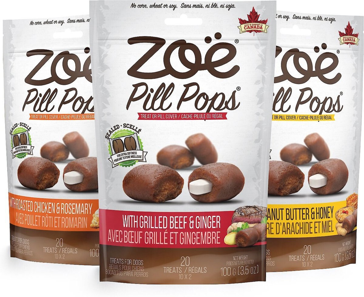 ZOE Pill Pop Grilled Beef with Ginger Dog Treats, 3.5-oz bag, bundle of ...