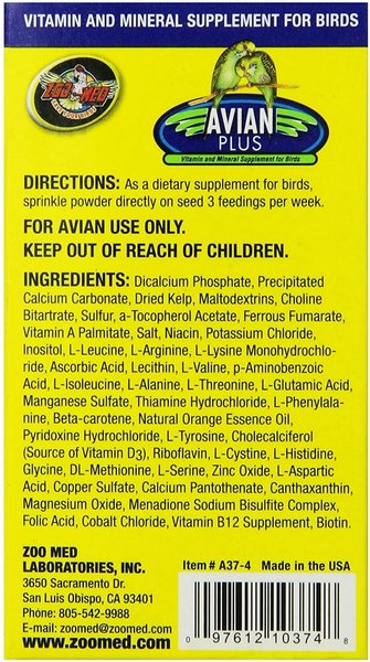 ZOO MED Avian Plus Bird Vitamin Supplement, 1-oz pouch - Chewy.com
