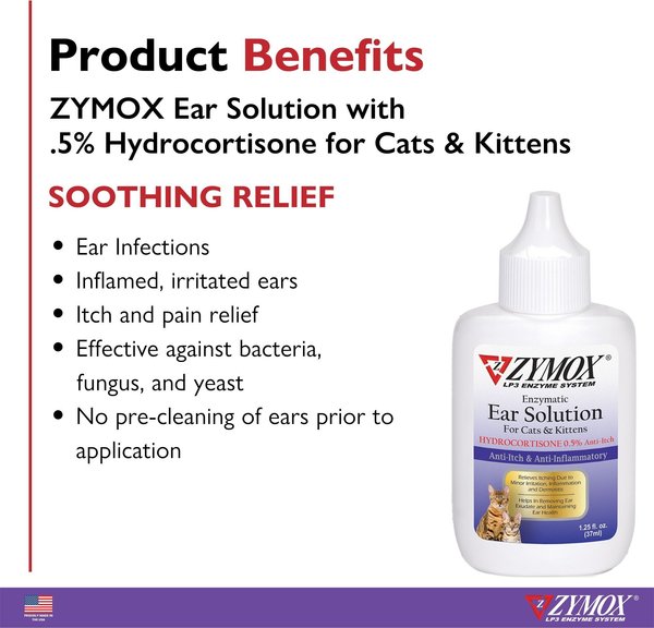 ZYMOX Enzymatic Kitten & Cat Ear Solution with 0.5% Hydrocortisone, 1. ...