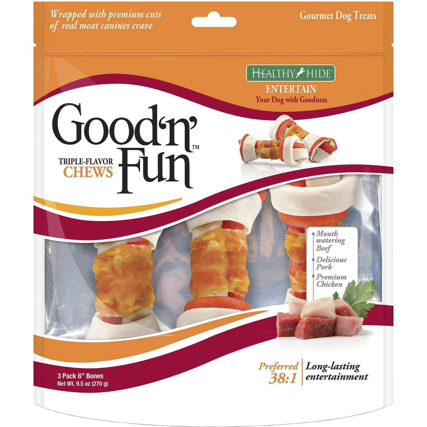 GOOD 'N' FUN Triple Flavor Beef, Pork & Chicken Dog Chews 3 Count, 6-in ...