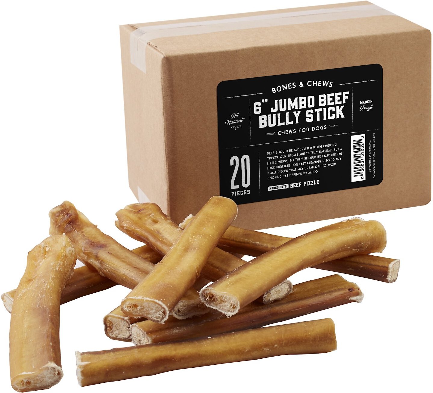 BONES & CHEWS Jumbo Bully Stick 6" Dog Treats, case of 20 - Chewy.com