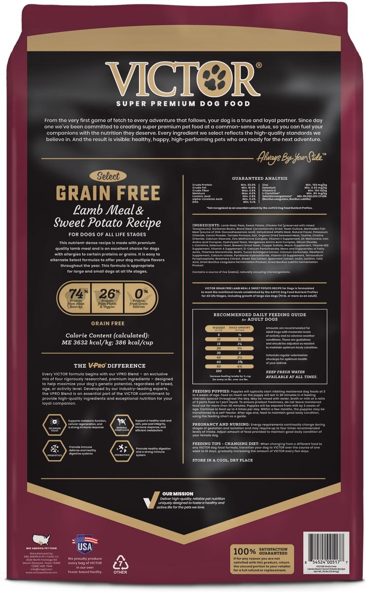 VICTOR Select Lamb Meal & Sweet Potato Recipe Grain-Free Dry Dog Food ...