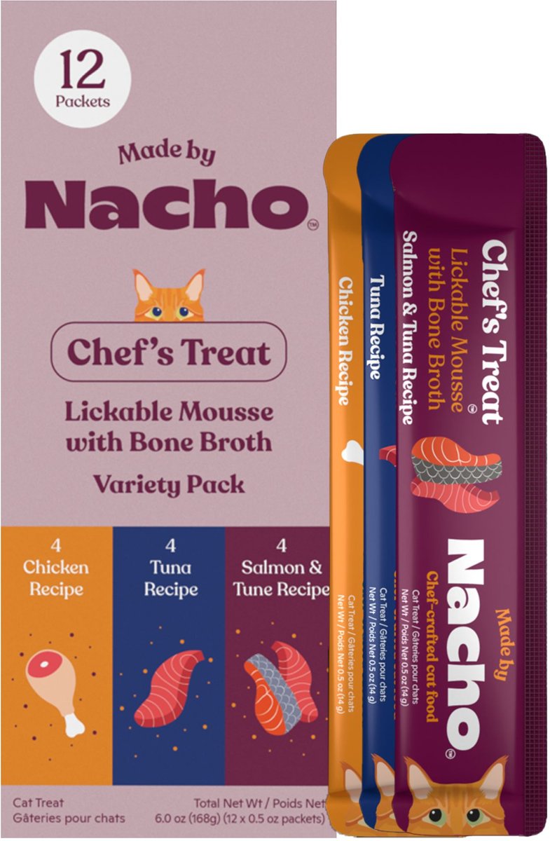 MADE BY NACHO Mousse Variety Pack Grain-Free Lickable Cat Treats, 0.5-oz pouch, case of 12 ...
