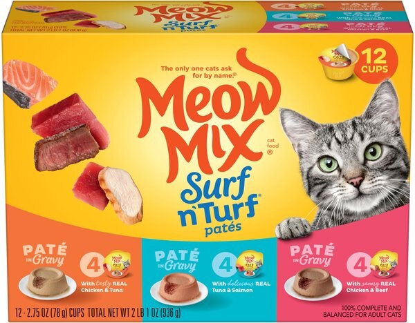 MEOW MIX Pate in Gravy Surf n Turf Variety Pack Wet Cat Food, 2.75-oz ...