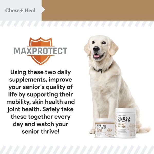CHEW + HEAL MaxProtect Hip + Joint & Omega Skin + Coat Chicken & Peanut Butter Flavored Soft ...