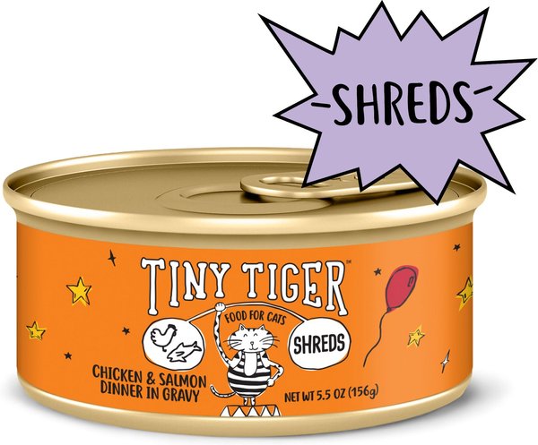 TINY TIGER Shreds Chicken and Salmon Dinner in Gravy Canned Cat Food, 5.5-oz can, case of 24 ...