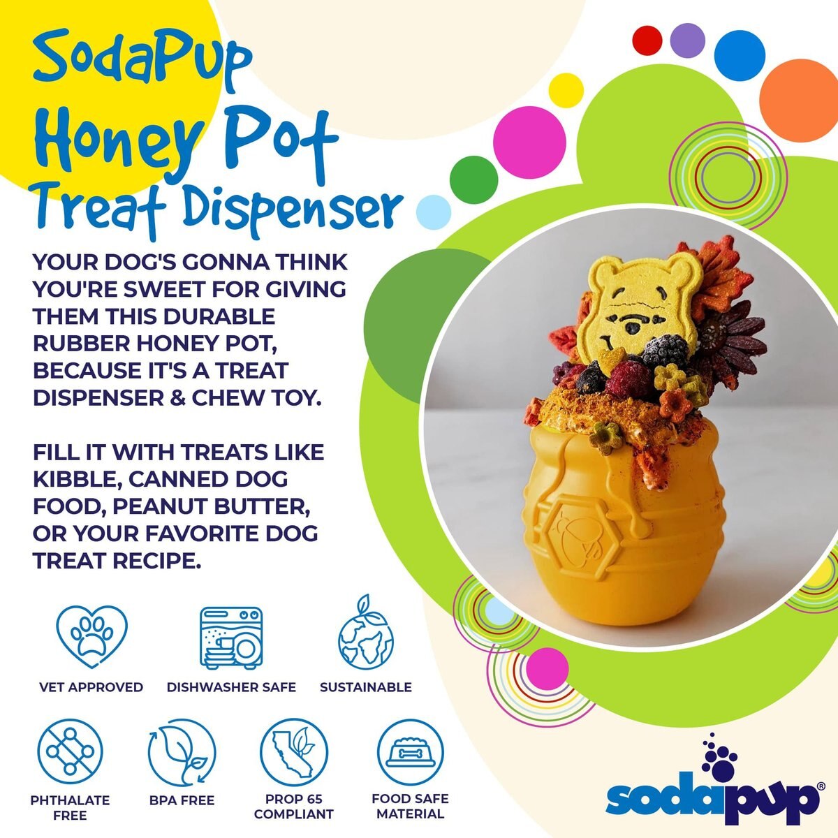 SODAPUP Honey Pot Tough Dog Treat Dispenser Toy, Yellow, Medium/Large ...