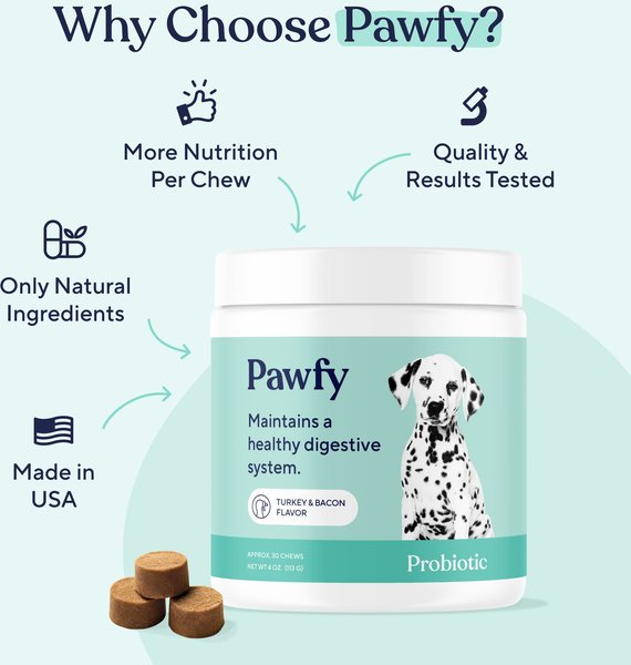 PAWFY Turkey & Bacon Flavored Chews Probiotic Supplement for Dogs, 30 ...