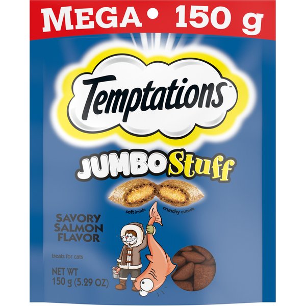TEMPTATIONS Jumbo Stuff Savory Salmon Flavor Soft & Crunchy Cat Treats ...