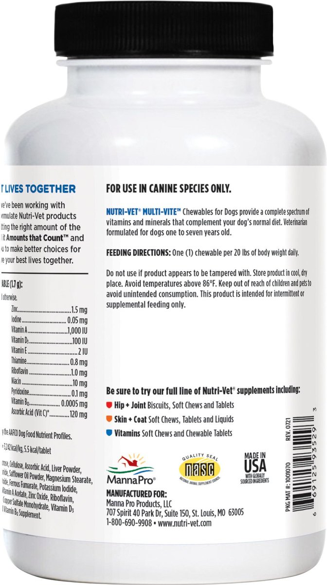 NUTRI-VET Multi-Vite Chewable Tablets Multivitamin for Dogs, 180 count ...