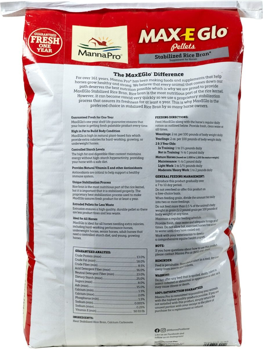 MANNA PRO Max-E-Glo Stabilized Rice Bran Pellets Horse Supplement, 40 ...