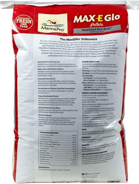 MANNA PRO Max-E-Glo Stabilized Rice Bran Pellets Horse Supplement, 40 ...