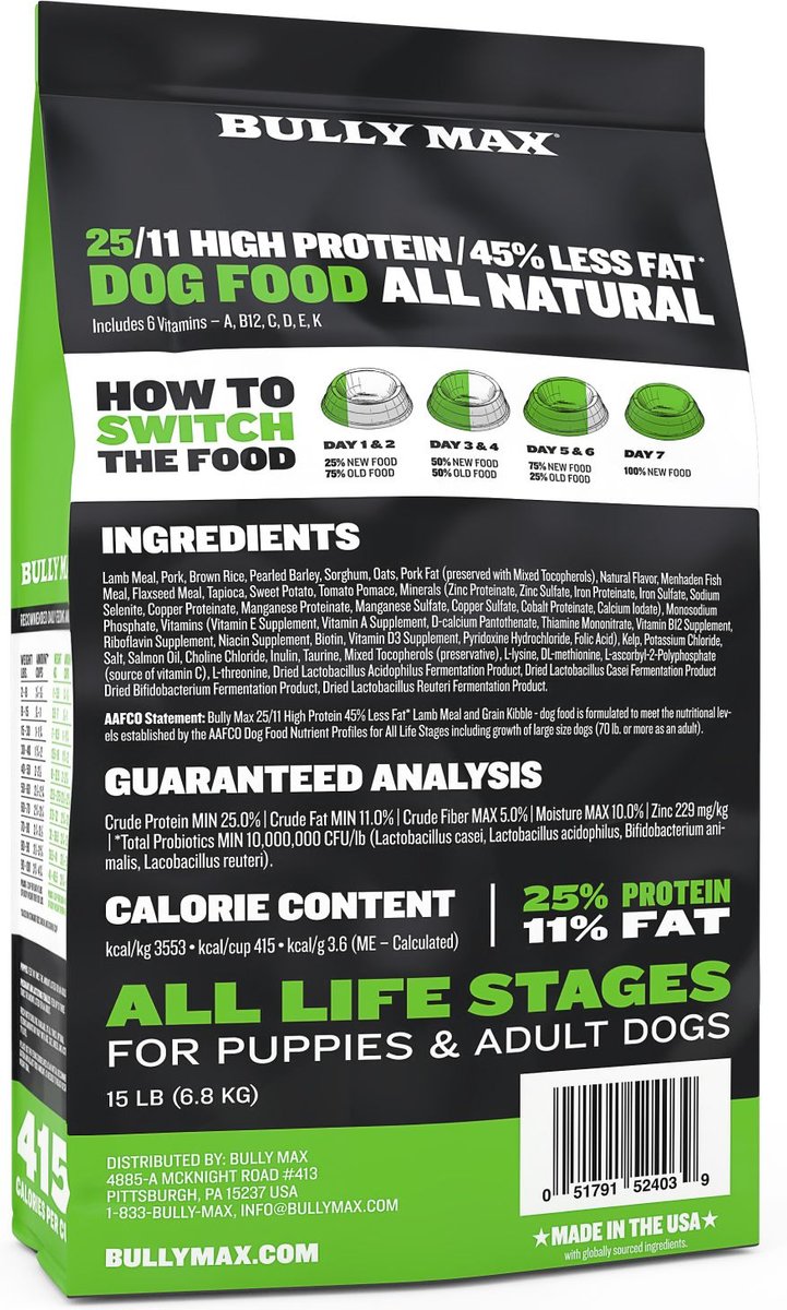 BULLY MAX 25/11 High Protein Low Fat Lamb Dry Dog Food, 15-lb bag ...