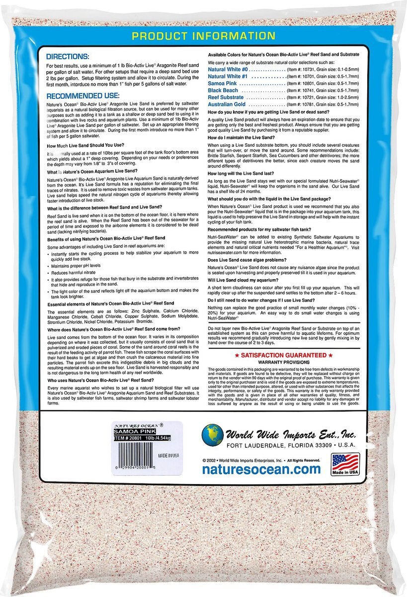 NATURE'S OCEAN Bio-Activ Live Aragonite Saltwater Aquarium Sand, Samoa ...