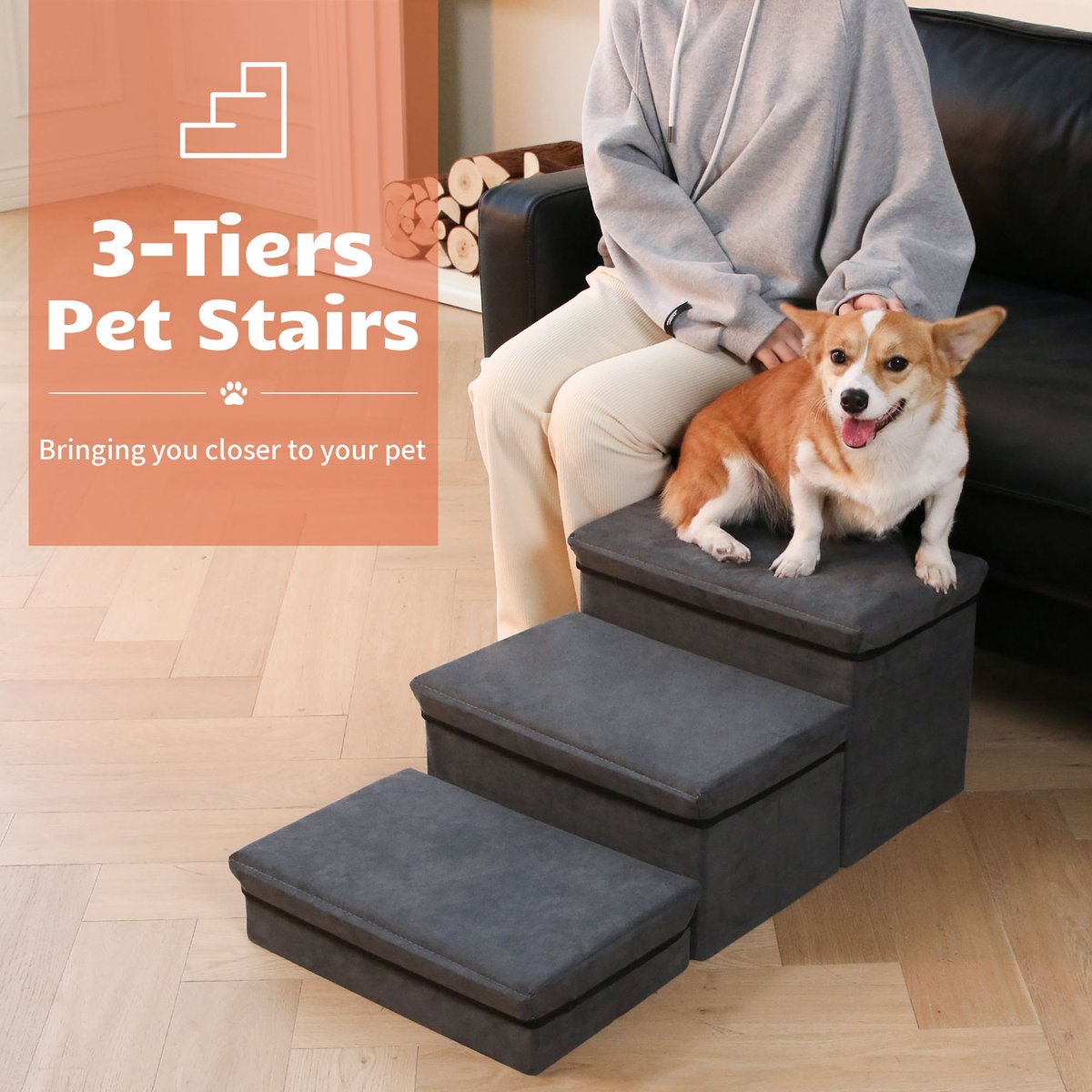 Out of Stock - RYPETMIA 3-Step Foldable Dog Stairs with Storage, Gray ...