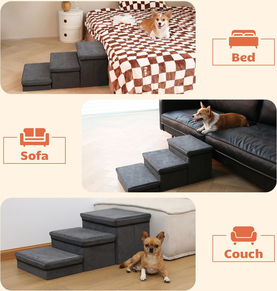 RYPETMIA 3-Step Foldable Dog Stairs with Storage, Gray - Chewy.com