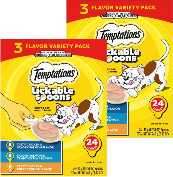 TEMPTATIONS Lickable Spoons Variety Pack Lickable Cat Treat, 24 count, 24 count, bundle of 2 ...