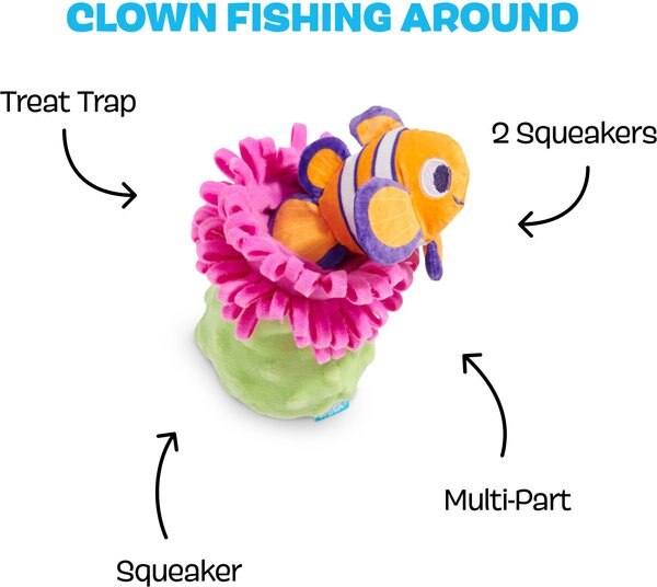 BARK Clown Fishing Around Crinkle Squeaky Plush Dog Toy, Pink, Small ...