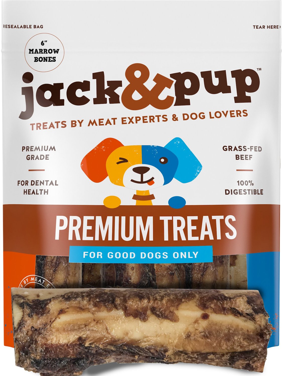 JACK & PUP Roasted Beef Marrow Bone 6" Dog Treats, 3 count - Chewy.com
