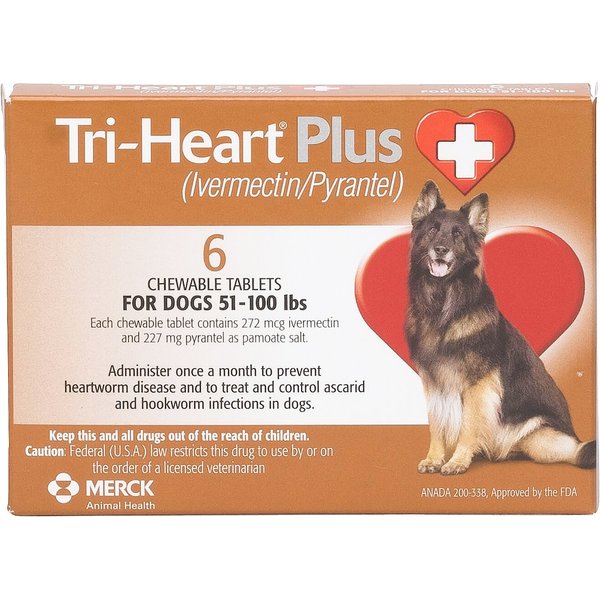 TRI-HEART PLUS Chewable Tablet for Dogs, 51-100 lbs, (Brown Box), 6 ...
