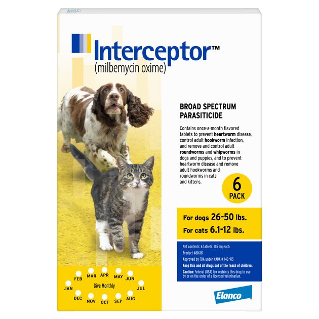 INTERCEPTOR Chewable Tablet for Dogs, 26-50 lbs, & Cats, 6.1-12 lbs ...