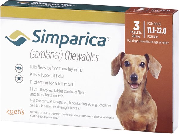 SIMPARICA Chewable Tablet for Dogs, 11.1-22 lbs, (Orange Box), 3 ...