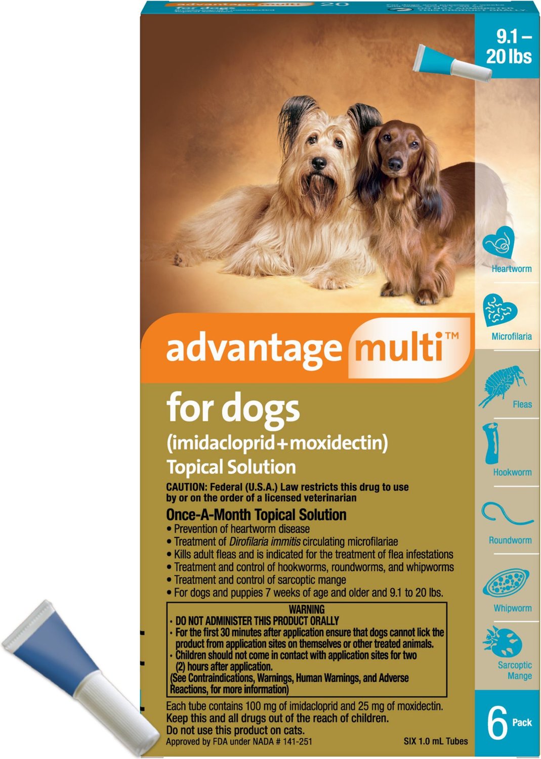 ADVANTAGE MULTI Topical Solution for Dogs, 9.1-20 lbs, (Teal Box), 6 ...