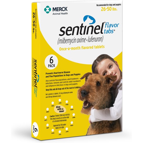 SENTINEL Tablet for Dogs, 26-50 lbs, (Yellow Box), 6 Tablets (6-mos ...