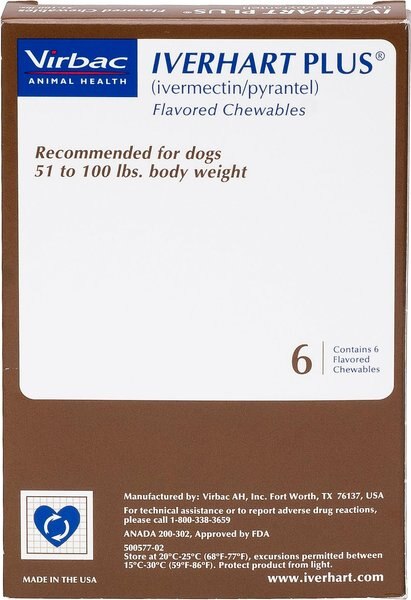 IVERHART PLUS Chewable Tablet for Dogs, 51-100 lbs, (Brown Box), 6 ...