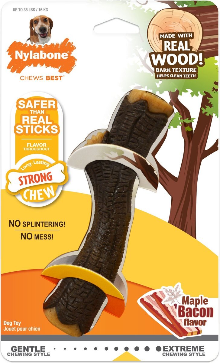 NYLABONE Strong Chew Real Wood Dog Stick Toy Maple Bacon, Medium ...