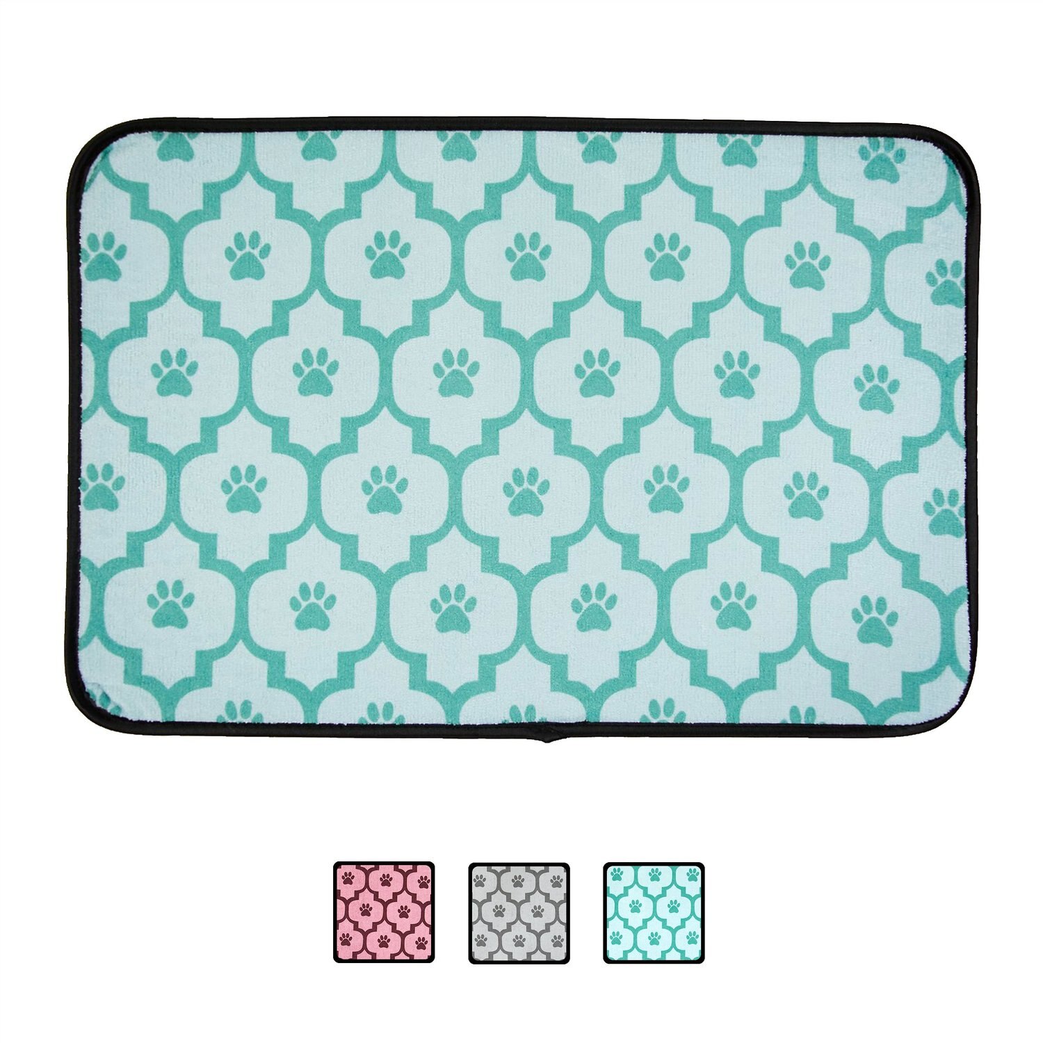 BONE DRY Lattice Paw Print Dog & Cat Food Mat, Aqua, Small - Chewy.com