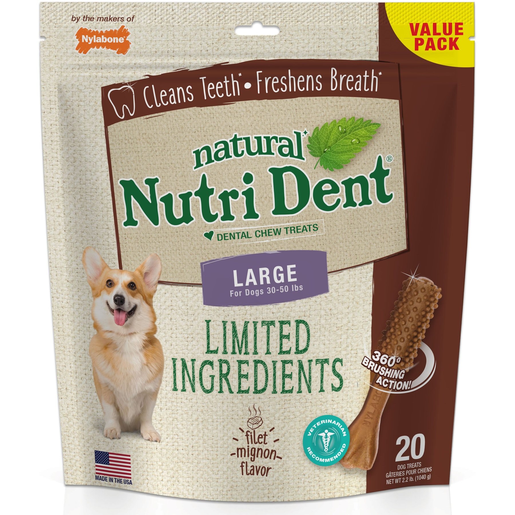 NYLABONE Nutri Dent Filet Mignon Flavored Dog Dental Chews, Regular ...