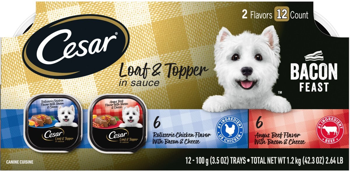 CESAR Bacon Feast Loaf & Topper Variety Pack Small Breed Adult Wet Dog ...