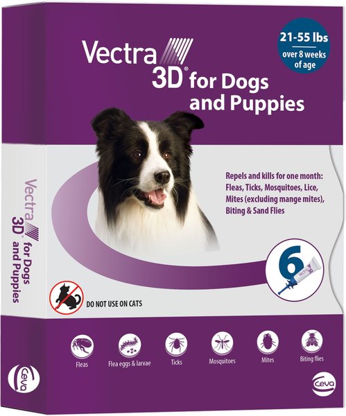 VECTRA 3D Flea & Tick Spot Treatment for Dogs, 21-55 lbs, 6 Doses (6 ...