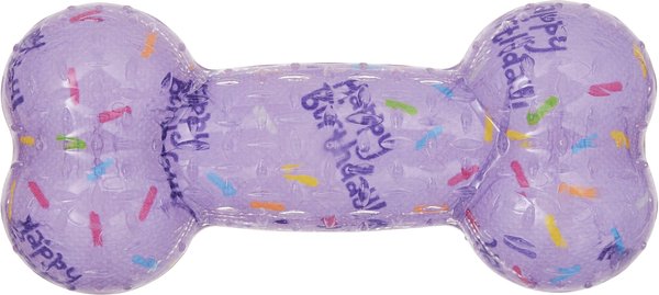 FRISCO Birthday TPR Fetch Bone Squeaky Dog Toy, Purple, Medium/Large ...