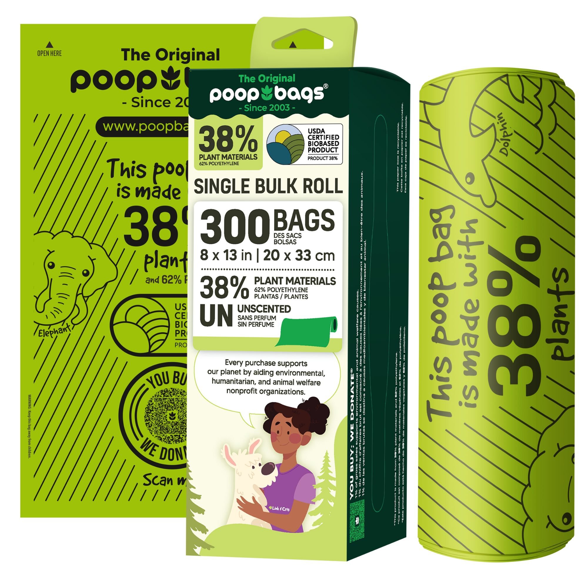 THE ORIGINAL POOP BAGS USDA Biobased Bulk Roll, Green, Large, 300 count ...