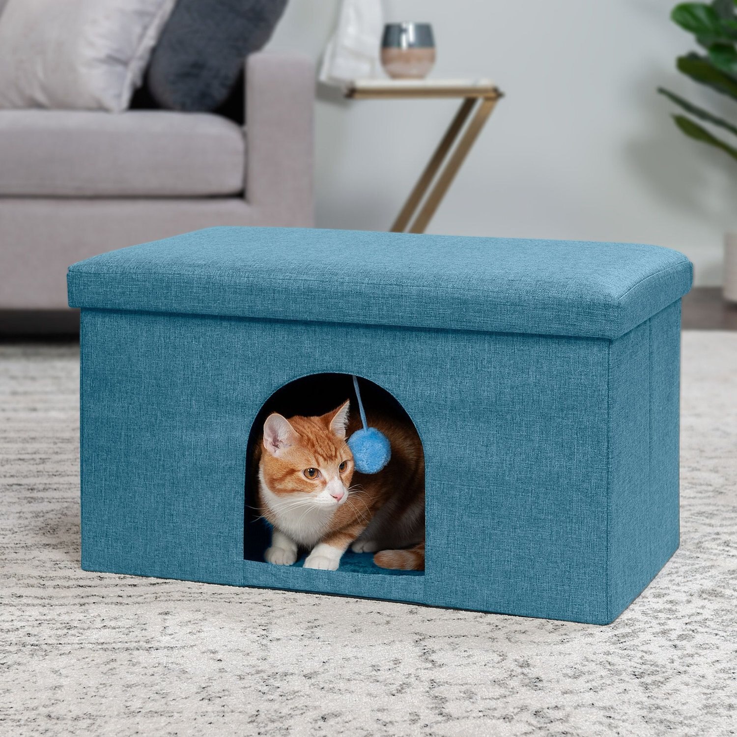 FURHAVEN House Footstool & Ottoman Dog & Cat Bed, Ocean Blue, Large ...