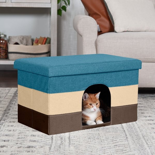 FURHAVEN House Footstool & Ottoman Dog & Cat Bed, Beach House Stripe ...