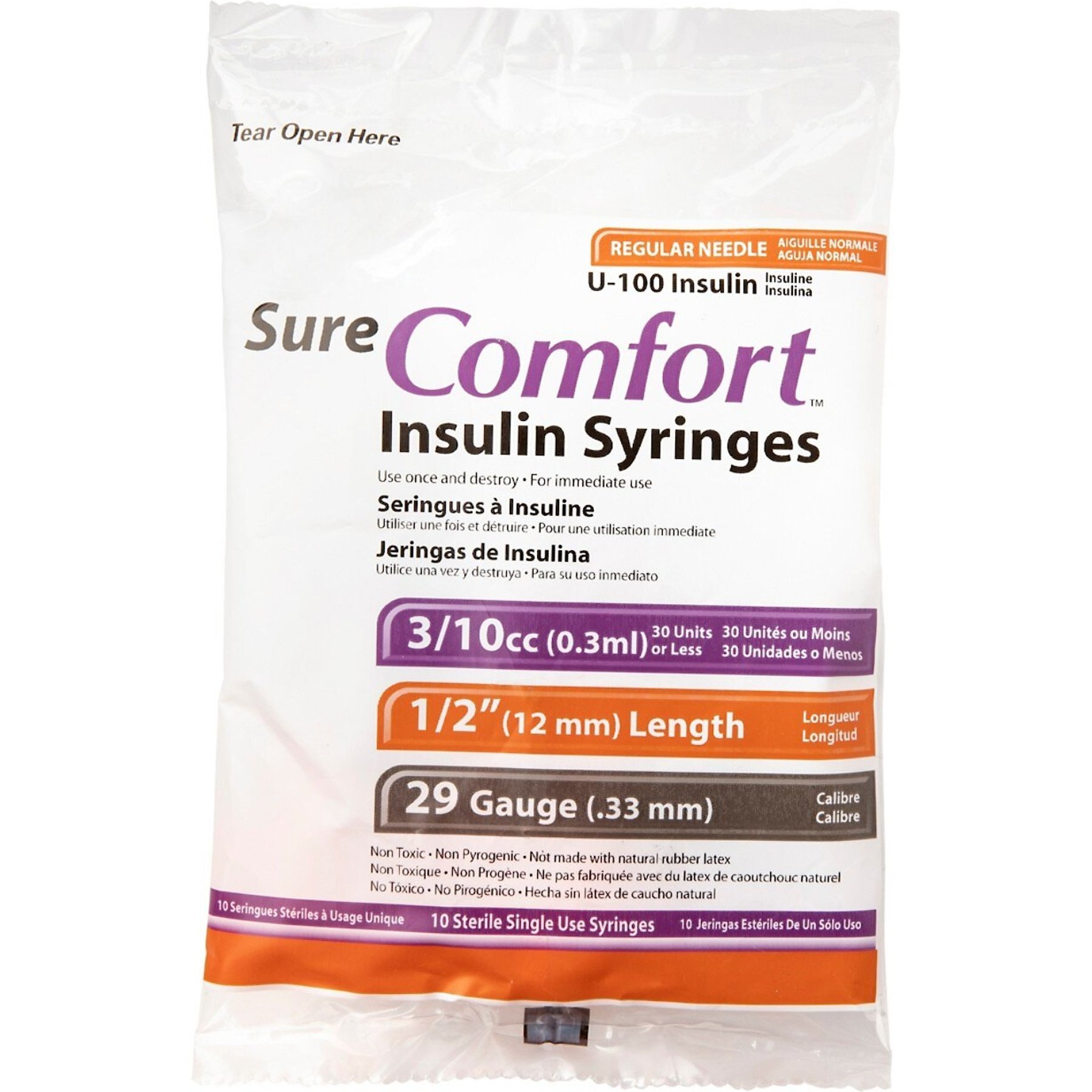 SURECOMFORT Insulin Syringes U-100 12mm x 29G, 0.3-cc, 10 syringes ...