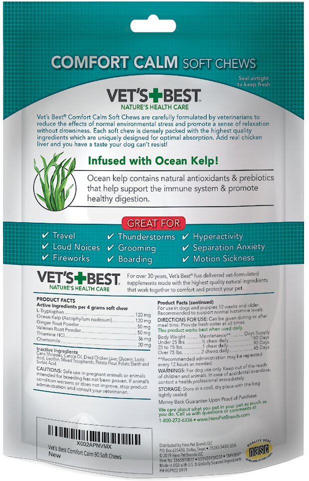 VET'S BEST Comfort Calm Chicken Flavored Soft Chews Calming Supplement ...